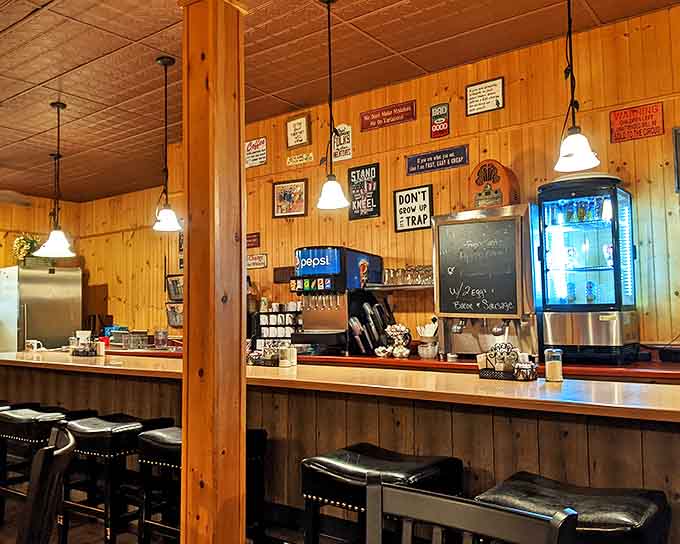 Counter seating invites solo diners to enjoy front-row views of the breakfast action while chatting with neighbors and staff.