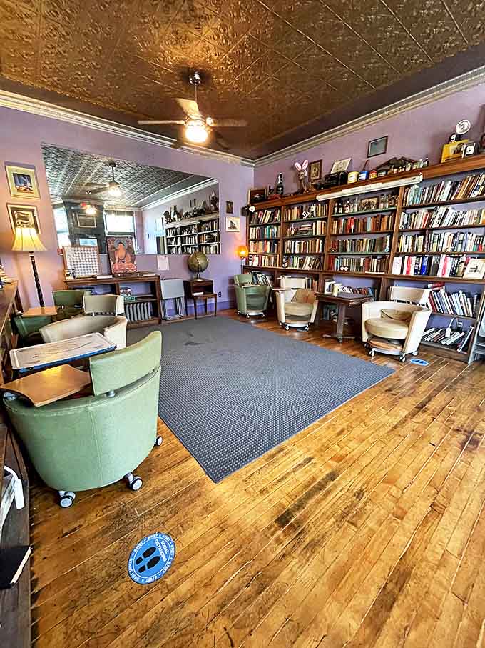 Tin ceilings, endless books, and seating that actually wants you to stay awhile, this is what coffee shops looked like in heaven's blueprint.