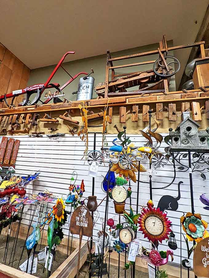 Garden ornaments and practical tools hang in colorful profusion, promising to transform ordinary backyards into whimsical outdoor retreats.