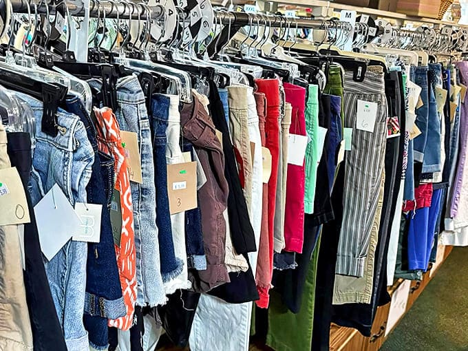 Denim for days! These meticulously organized racks showcase shorts and pants in every wash, size, and style imaginable.
