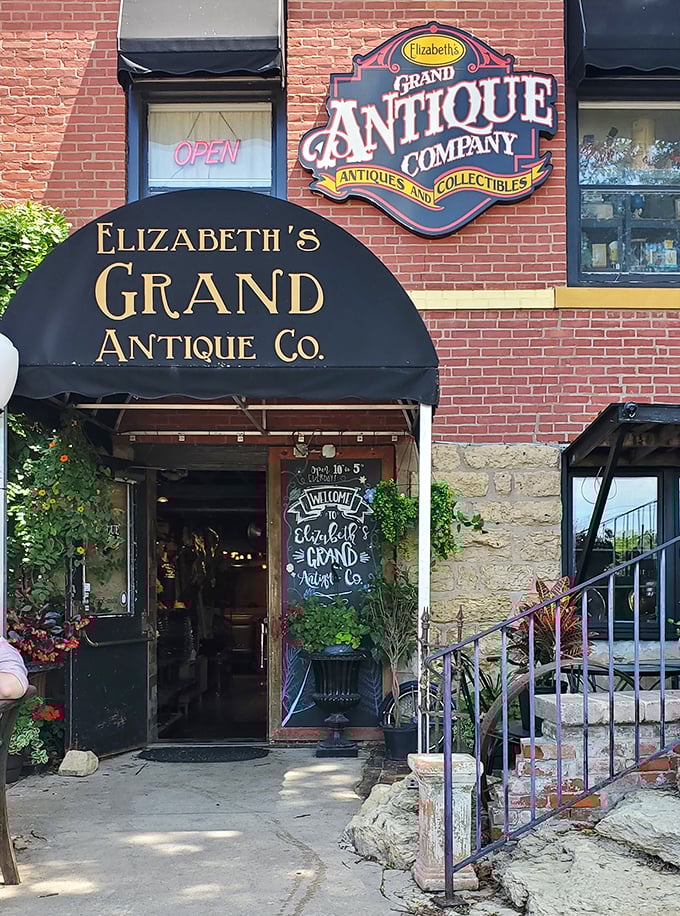 The welcoming entrance to Elizabeth's Grand Antique Co. promises adventures within &ndash; each visit reveals new treasures in this three-story wonderland.
