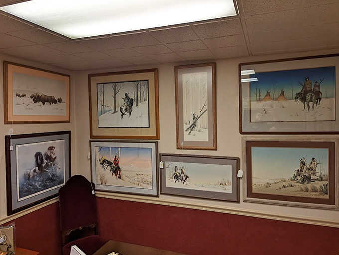 Western-themed artwork that would make any cowboy proud, capturing the romance and adventure of the American frontier in frames that have survived their own journeys.