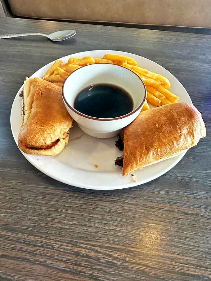 Tender beef on a soft roll with golden fries and savory au jus for dipping. A lunch that makes you question why you ever settle for sad desk salads.