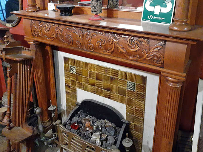 This ornate fireplace mantel, rescued from demolition, stands ready for its second act &ndash; perhaps in a home where its craftsmanship will be appreciated for another century.