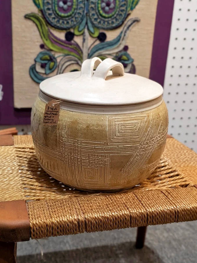 Handcrafted pottery with geometric patterns captures the artistic spirit of the 1970s &ndash; functional art waiting for a new home.