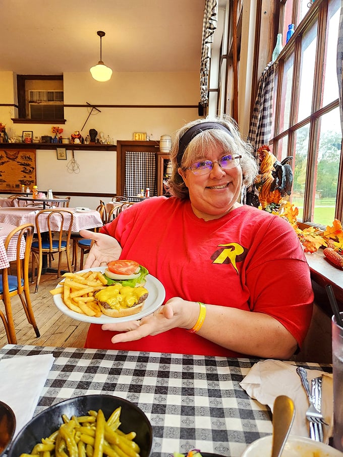 Happy diners become star pupils when presented with burgers and fries in this former classroom setting.