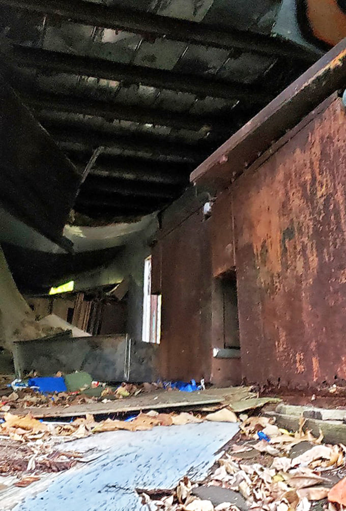 Sunlight filters through collapsed ceilings, creating natural spotlights on what remains of human enterprise and ambition.