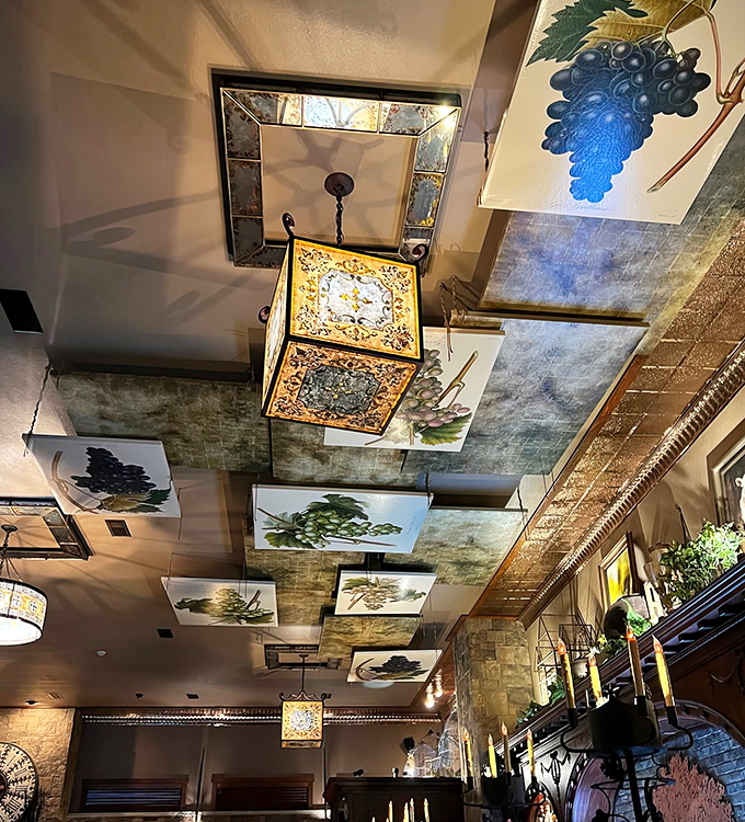 Look up to discover artistic ceiling panels celebrating the grape &ndash; thoughtful details that elevate the dining experience beyond the ordinary.