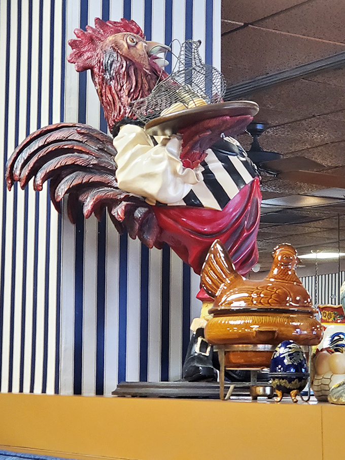 The proud rooster statue stands guard over diners like a kitschy sentinel, part of the charm that can't be manufactured by restaurant designers.