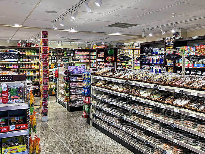 A candy metropolis where every shelf and display case tells a story of American confectionery history through colorful, sugary architecture.