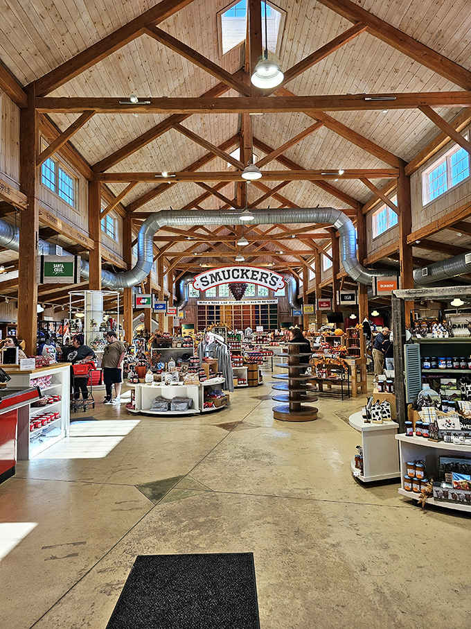 The spacious interior invites exploration, with wooden beams creating a farmhouse feel that connects shoppers to the agricultural roots of these beloved products.