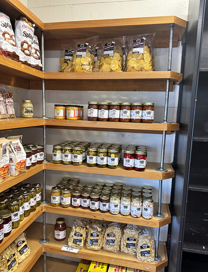 The market section features shelves lined with homemade jams, pickles, and preserves &ndash; edible souvenirs that let you take a taste of Yoder's home.