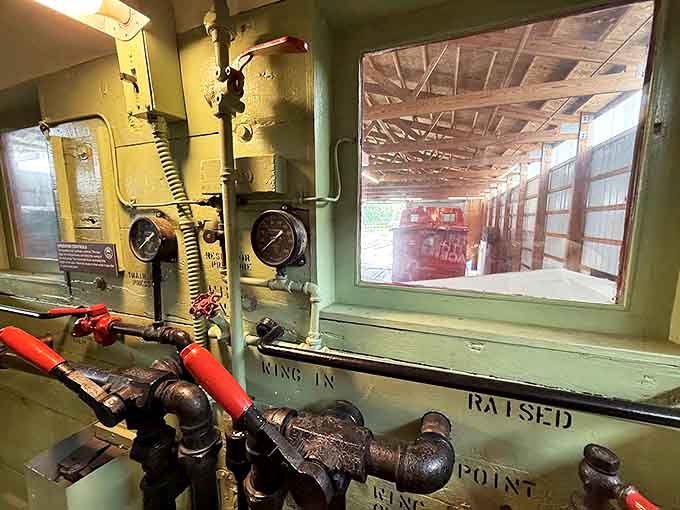 The complex controls of a steam locomotive reveal the skill required to operate these mechanical marvels – each valve and gauge serving a vital purpose.