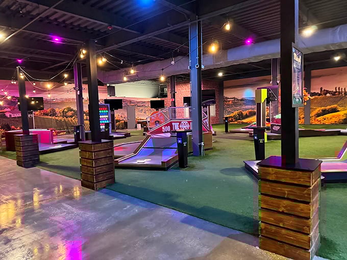 Mini-golf course with mood lighting transforms putting into an atmospheric adventure &ndash; miss your shot, but make it look dramatic.
