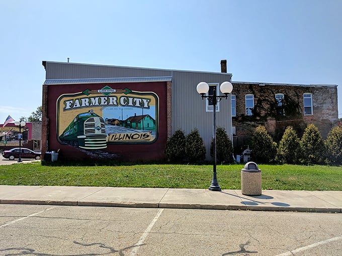 This vibrant mural celebrates Farmer City's railroad heritage, painting history in bold strokes that brighten even the grayest Illinois winter day.