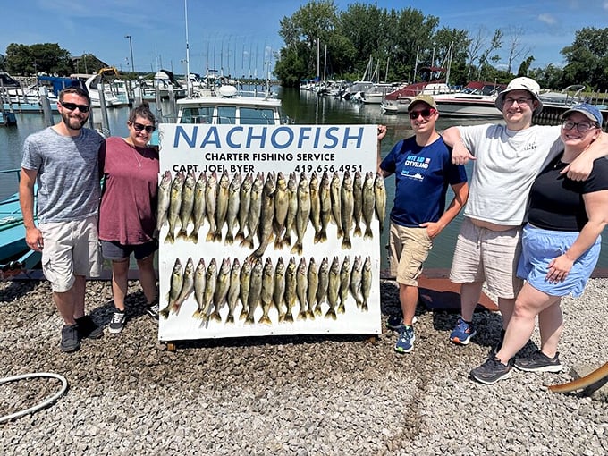 A successful day with Nachofish Charter Service results in an impressive wall of walleye and smiles all around.