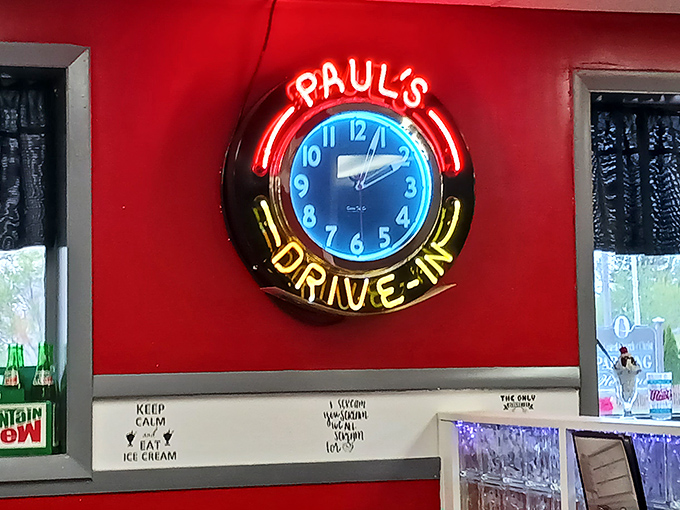 The neon clock doesn't just tell time&mdash;it seems to slow it down, inviting you to linger over conversations and savor every last bite.