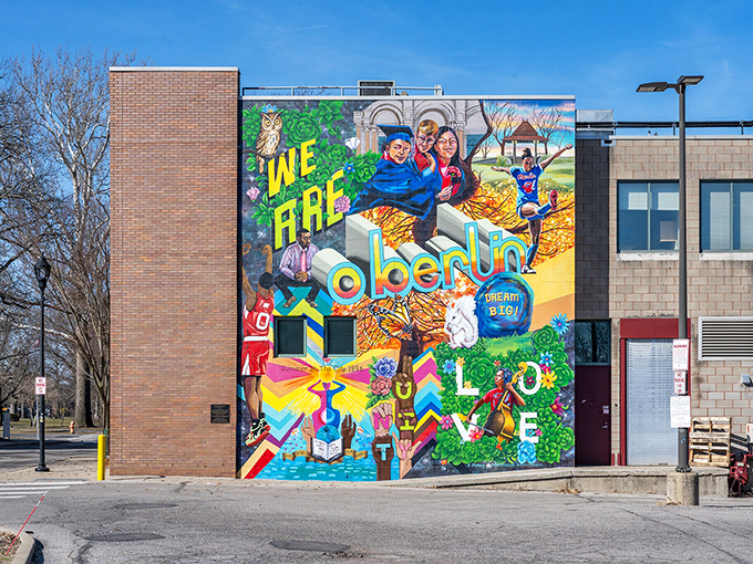 This vibrant mural captures Oberlin's spirit&mdash;colorful, inclusive, and proudly proclaiming its unique place in American culture.