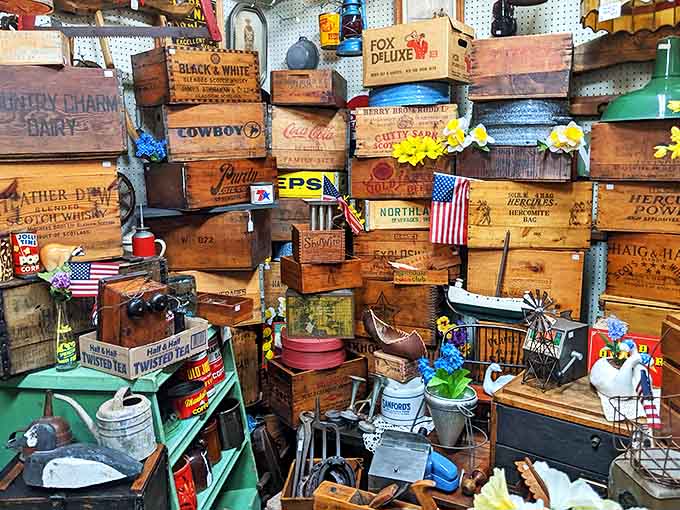 These weathered wooden crates once carried everything from soda to soap – now they're architectural time capsules stacked with rustic charm and authentic patina.