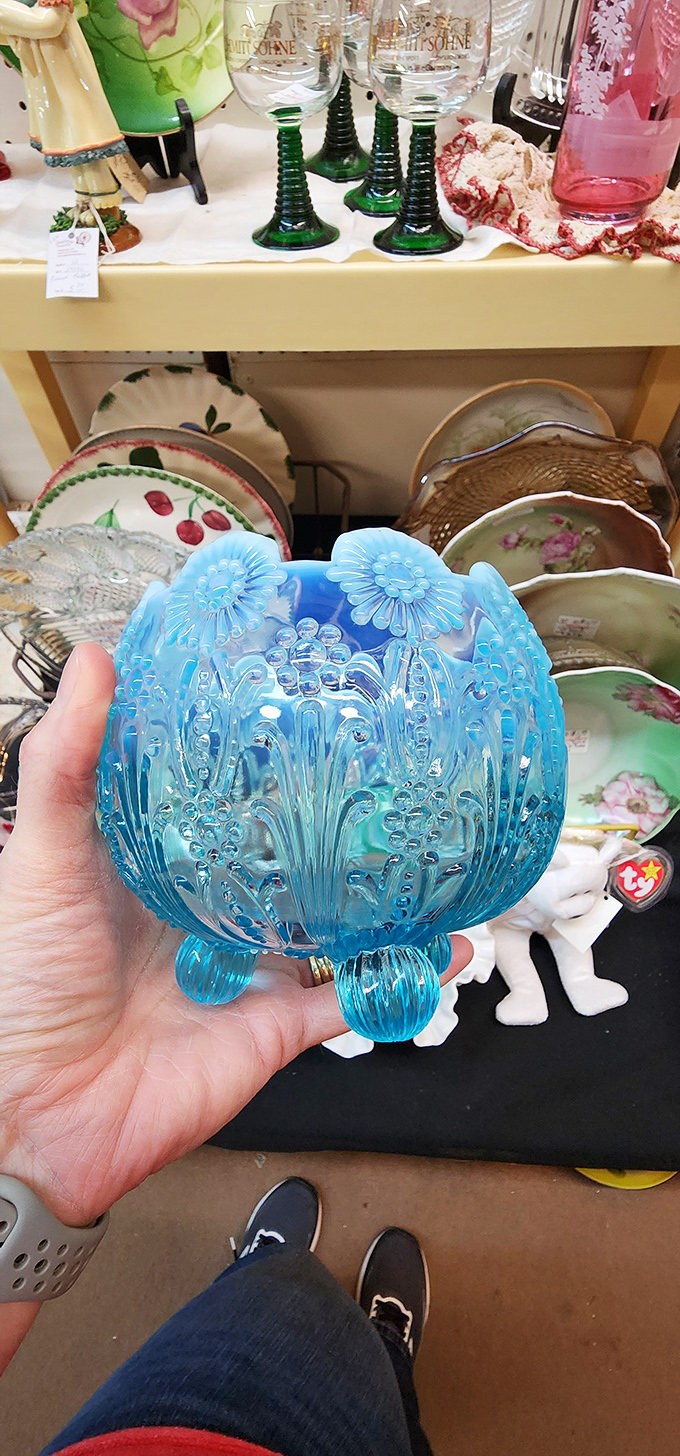 This delicate blue glass bowl has survived decades without a chip &ndash; imagine the careful hands that have held it.
