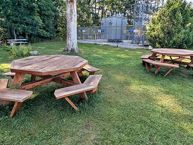Rustic outdoor seating provides the perfect spot for enjoying your pasty al fresco, surrounded by Michigan's natural beauty.