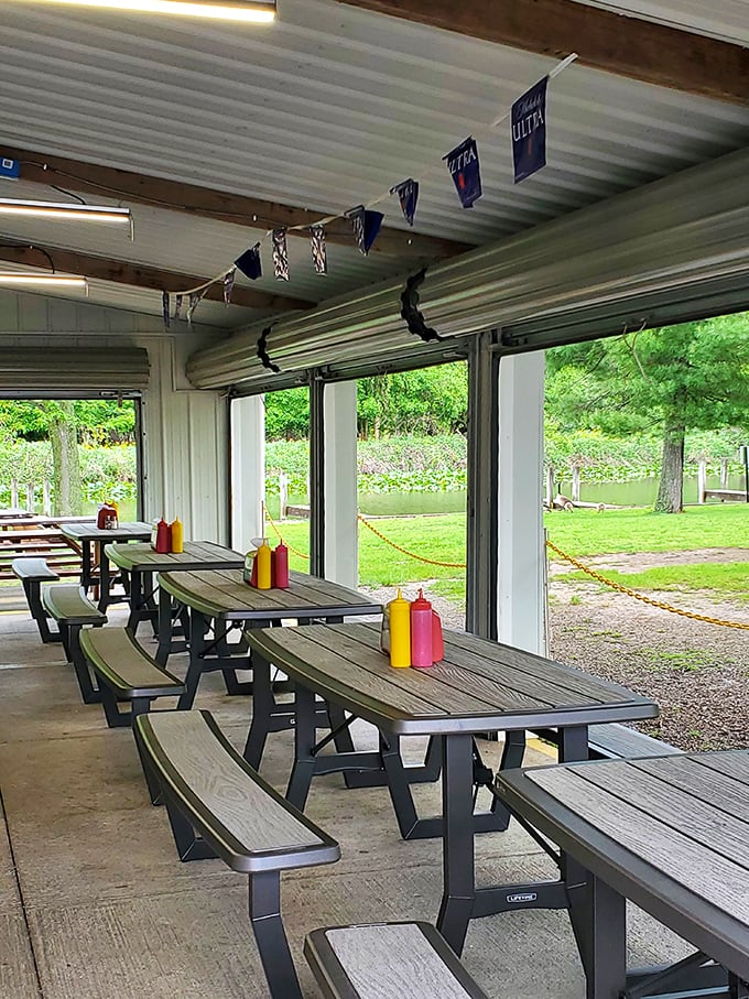 The covered outdoor seating area offers fresh air and views that enhance every bite.
