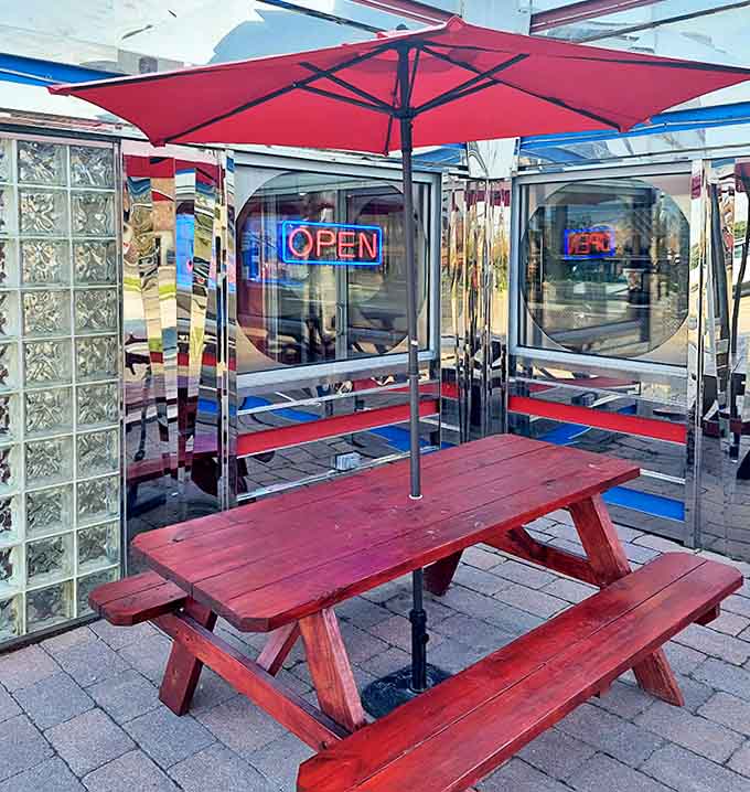 Picnic table: This isn't just outdoor seating &ndash; it's an invitation to enjoy your burger with a side of fresh air and sunshine.