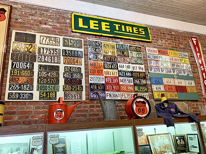 This impressive collection of license plates represents countless journeys, each numbered rectangle a small piece of someone's Route 66 story.