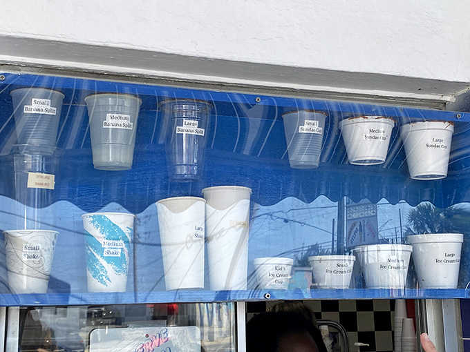 A display of serving sizes that serves as both menu and museum &ndash; a taxonomy of ice cream vessels from modest to magnificent.