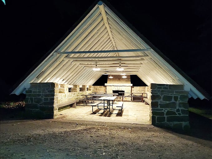 This stone shelter offers a gathering place under starry skies, where campfire stories and laughter echo into the night. S'mores taste better here.