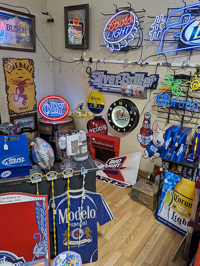 Neon signs illuminate a corner dedicated to America's beer heritage, where vintage advertising celebrates the art of brewing and socializing.