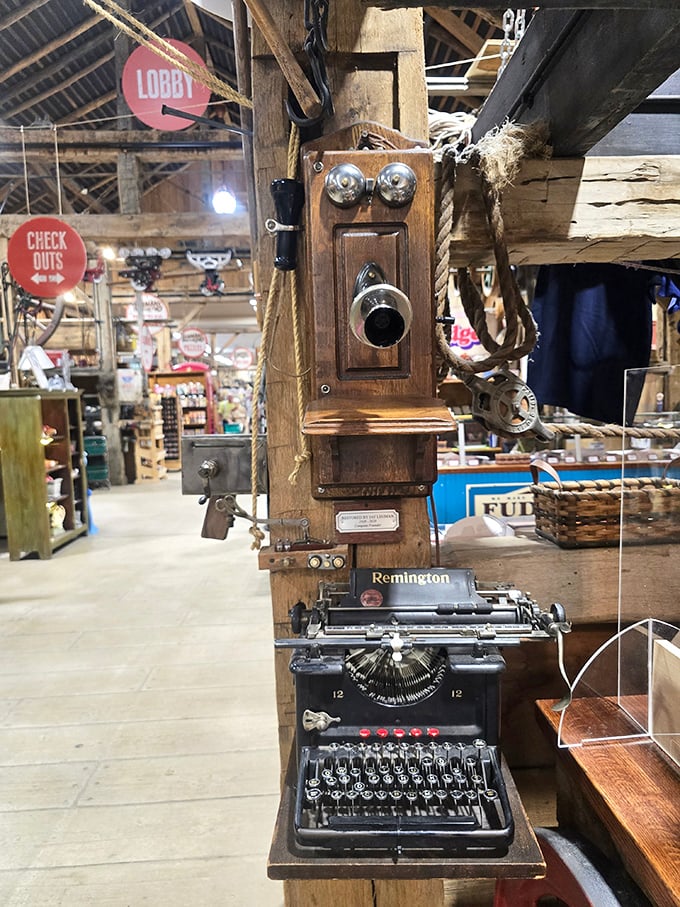 This vintage wall-mounted telephone and typewriter duo reminds us communication once required presence and thoughtful composition.