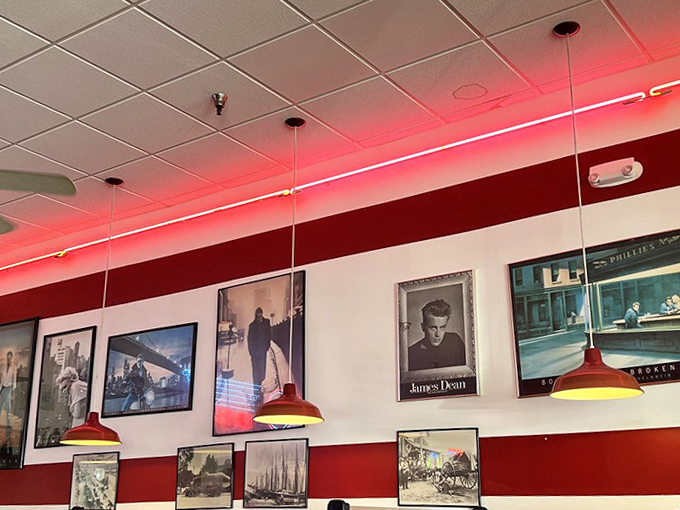Classic Americana adorns the walls &ndash; James Dean broods in black and white while vintage signs transport you to a time when diners ruled American roads.