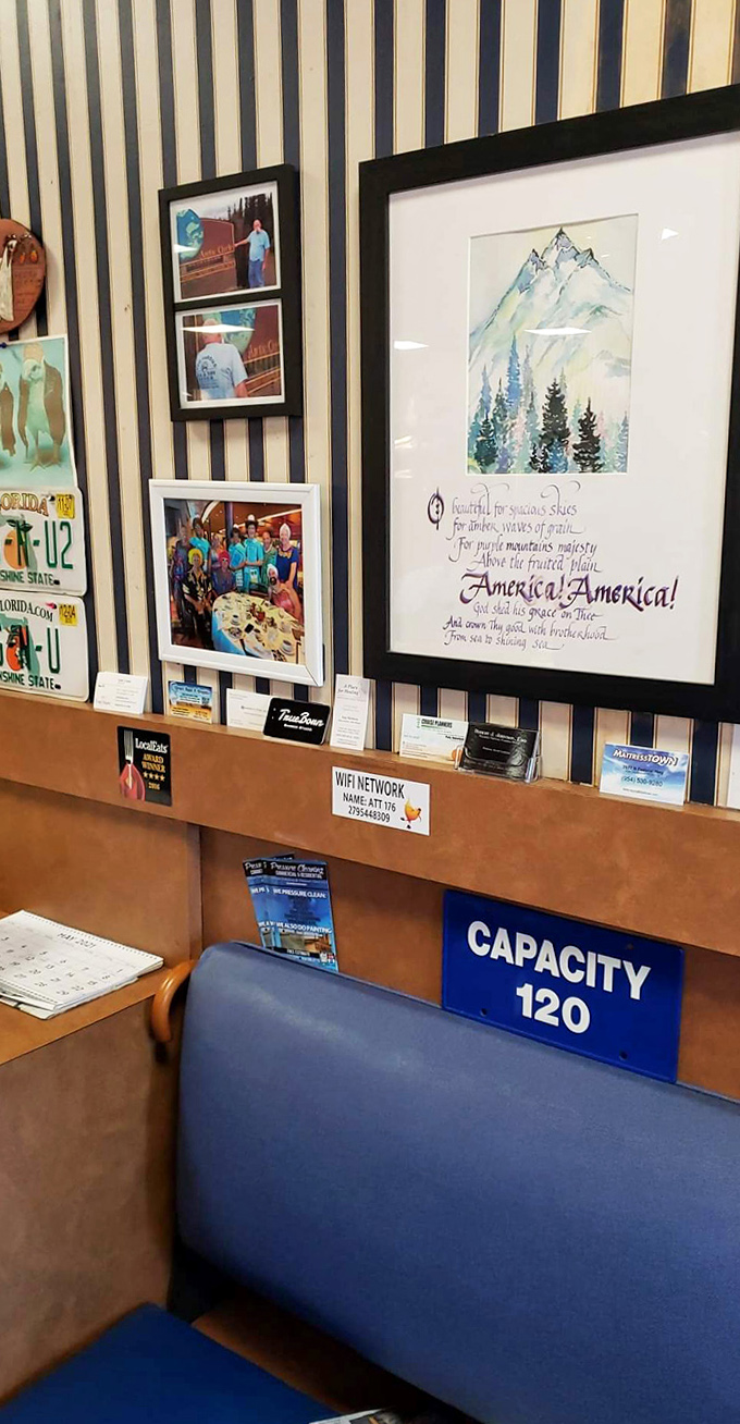 Wall decorations collected over decades tell stories of community, patriotism, and the diner's place in Fort Lauderdale's cultural fabric.