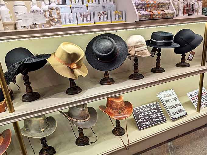Hat heaven for every style &ndash; from cowboy rugged to garden party elegant, with a cheeky sign reminding us that wisdom comes at the price of youthful folly.