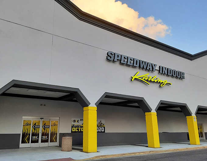 The exterior of Speedway Indoor Karting announces its presence with bold signage that beckons to anyone harboring secret Formula 1 fantasies.