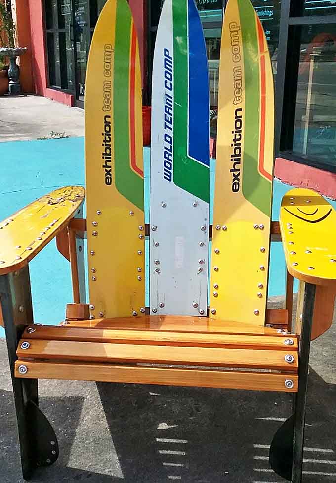 Upcycled water skis transform into a colorful bench, proving that yesterday's sports equipment can become today's conversation piece.