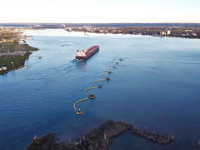The aerial view reveals how massive freighters navigate past this tiny island, a fascinating contrast of scale and purpose.