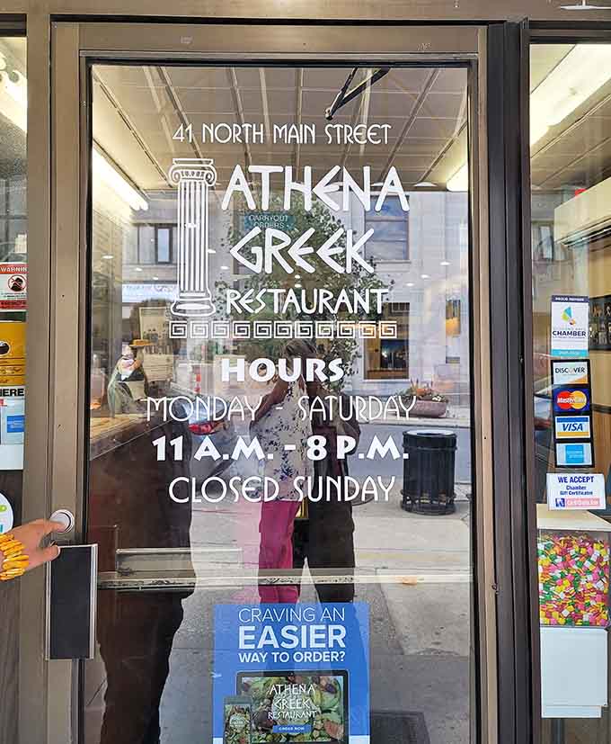 Clear hours on the door mean you'll never show up to find disappointment, just delicious Greek food waiting inside.