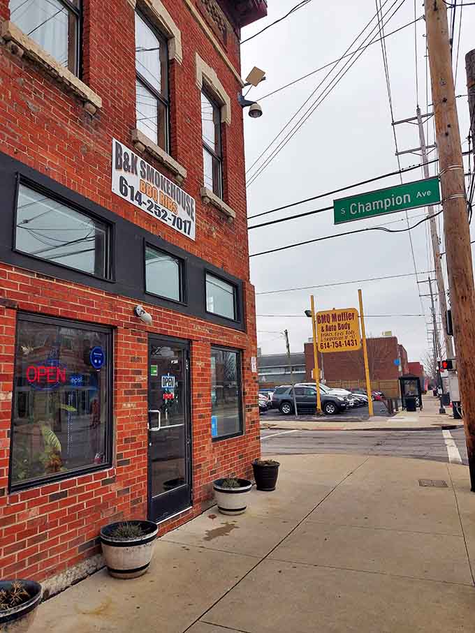 The corner location on South Champion Avenue might not be fancy, but that neon "OPEN" sign is the only invitation you need today.
