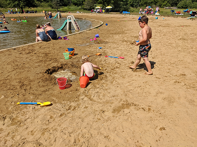 Sandy shores meet refreshing waters at the beach area, creating the perfect playground for castle architects and moat engineers of all ages.