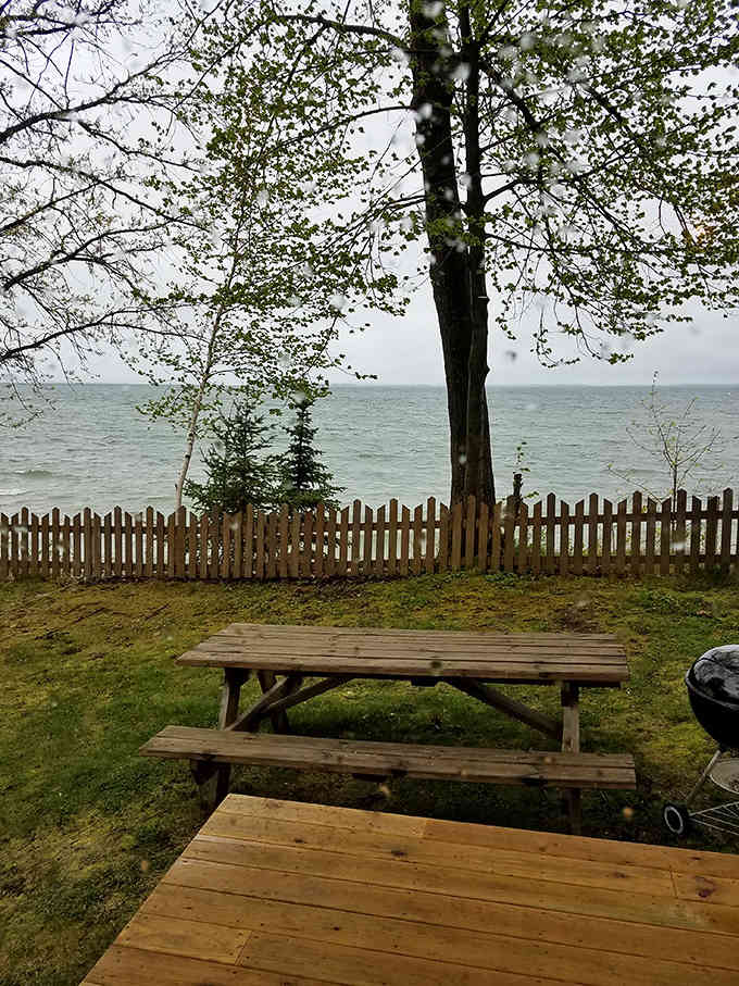 Lakeside dining al fresco, where the picnic table offers front-row seats to water views and the promise of s'mores after sunset.