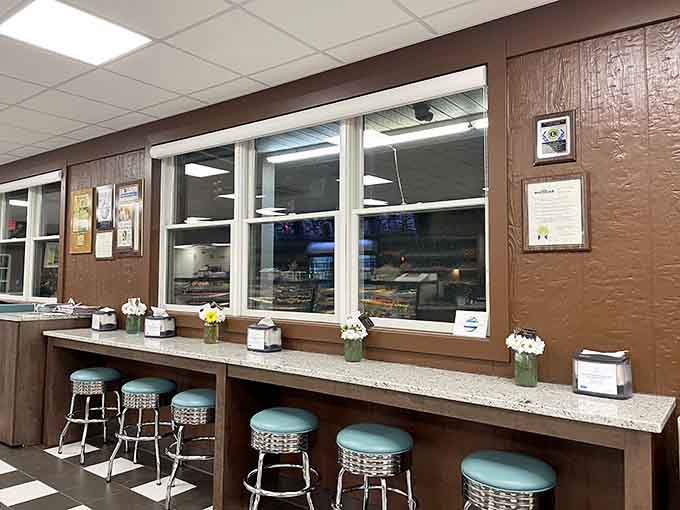 Bar stools at the window counter are prime real estate for people-watching while enjoying your morning sugar rush.