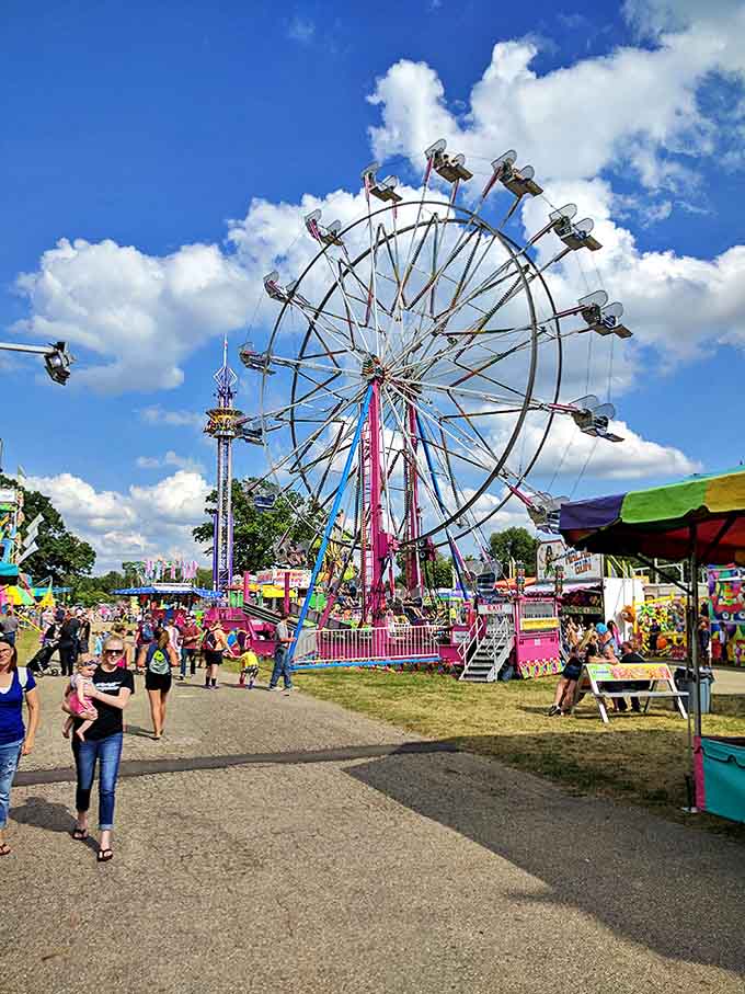 The Calhoun County Fairgrounds' Ferris wheel reaches skyward, promising the simple joy of seeing Marshall from above while cotton candy memories are made below.