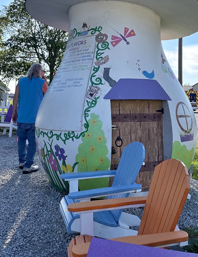 Chairs: Colorful Adirondacks surrounding a whimsical mushroom house &ndash; the perfect spot to contemplate life's big questions over small pleasures.