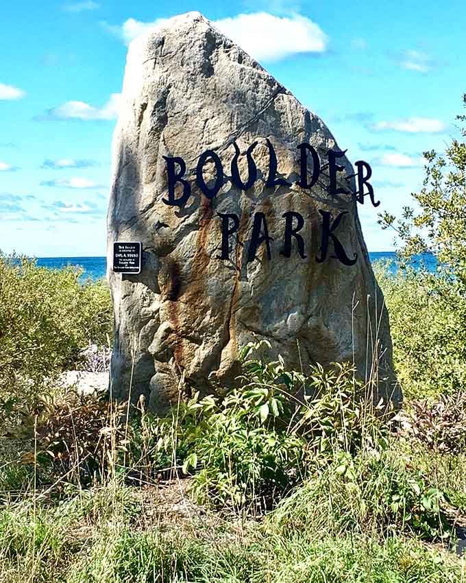 This massive stone sentinel announces Boulder Park, home to Charlevoix's famous mushroom houses and architectural whimsy.