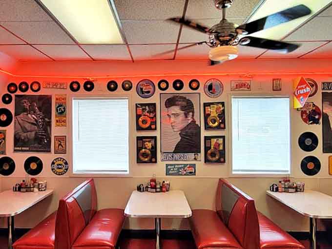 Elvis would approve: Vintage records and memorabilia create the perfect backdrop for booths where breakfast dreams come true daily.