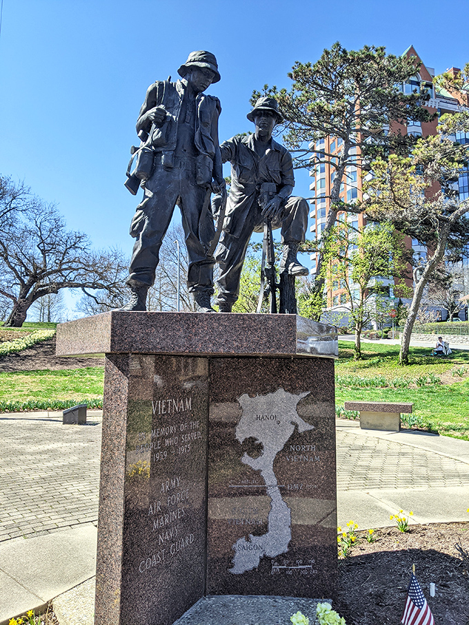 The Vietnam Veterans Memorial creates a space for reflection amidst beauty, honoring sacrifice with dignity and respect.
