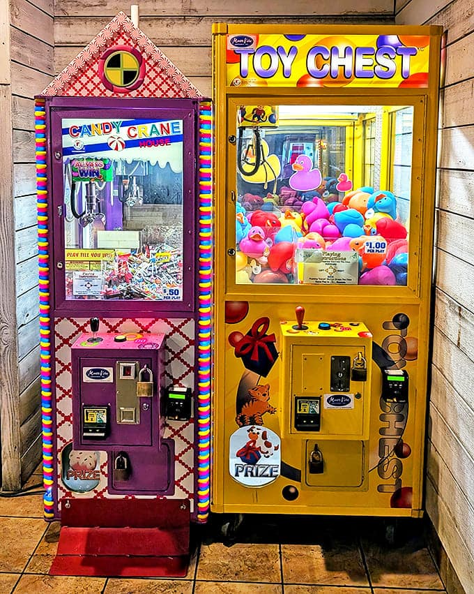 Vintage claw machines and toy chests add a touch of nostalgic fun, proving good food and simple entertainment never go out of style.