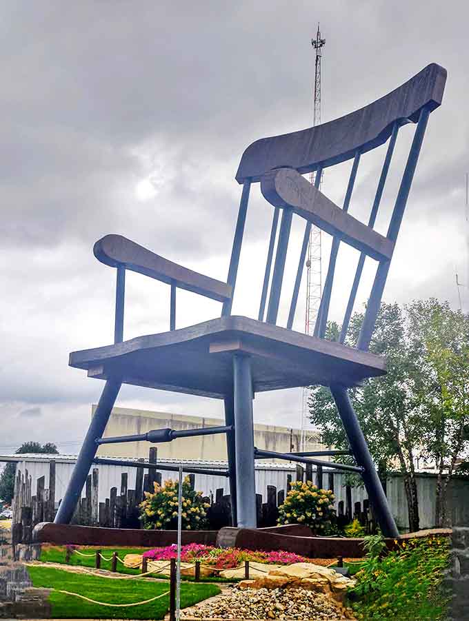 Even under cloudy skies, the chair commands attention, its substantial presence impossible to ignore regardless of weather conditions or lighting.